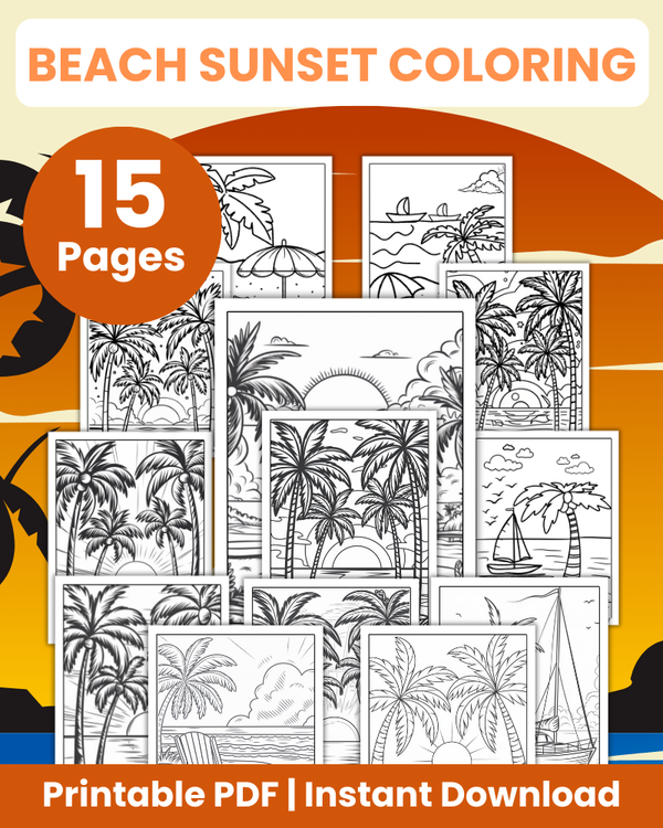 Beach Sunset Coloring Pages with 15 Pages – 24hourprintables.com