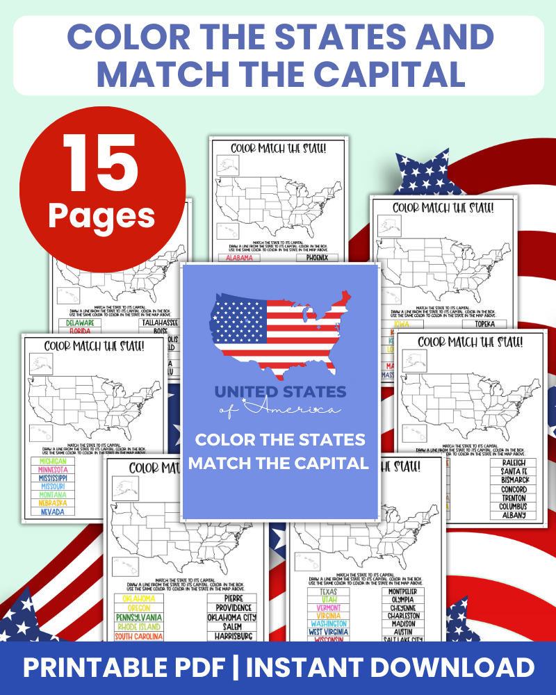 Color the States and Match the Capital (15 Pages) – 24hourprintables.com