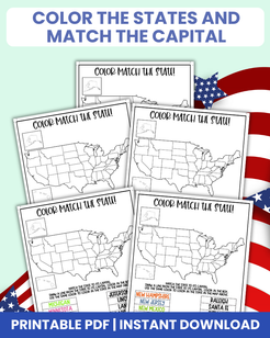 Color the States and Match the Capital (15 Pages) – 24hourprintables.com