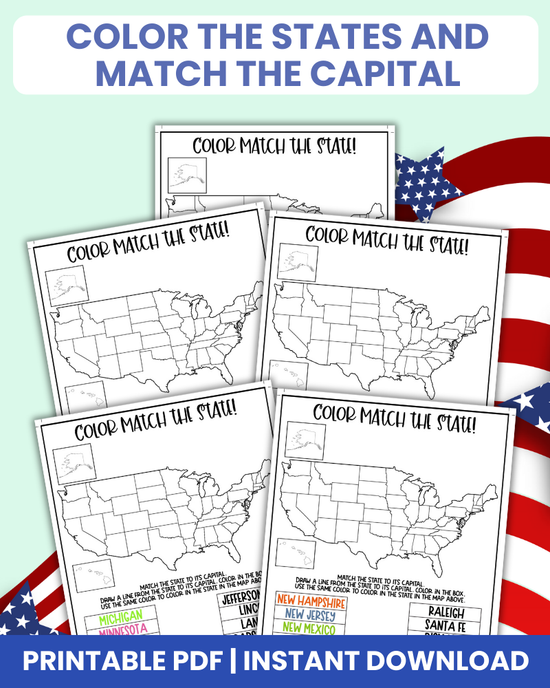 Color the States and Match the Capital (15 Pages) – 24hourprintables.com