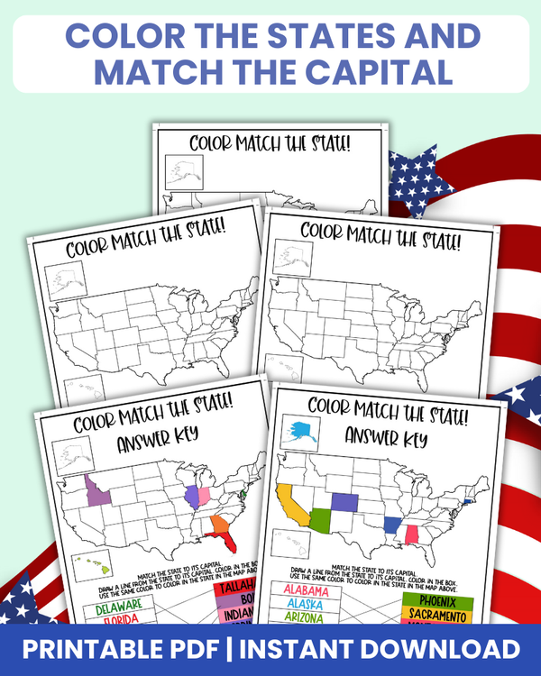 Color the States and Match the Capital (15 Pages) – 24hourprintables.com