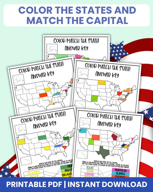 Color the States and Match the Capital (15 Pages) – 24hourprintables.com