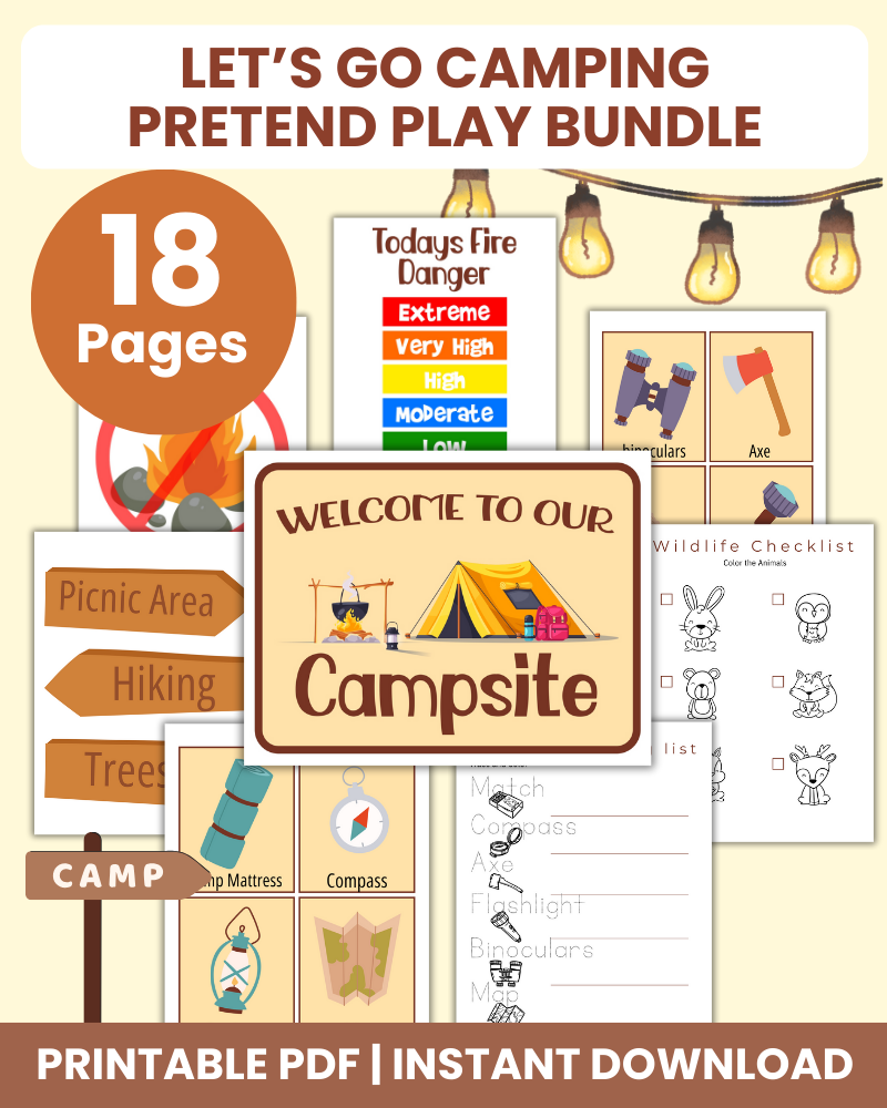 Let's Go Camping Pretend Play Printables (18 Pages) – 24hourprintables.com