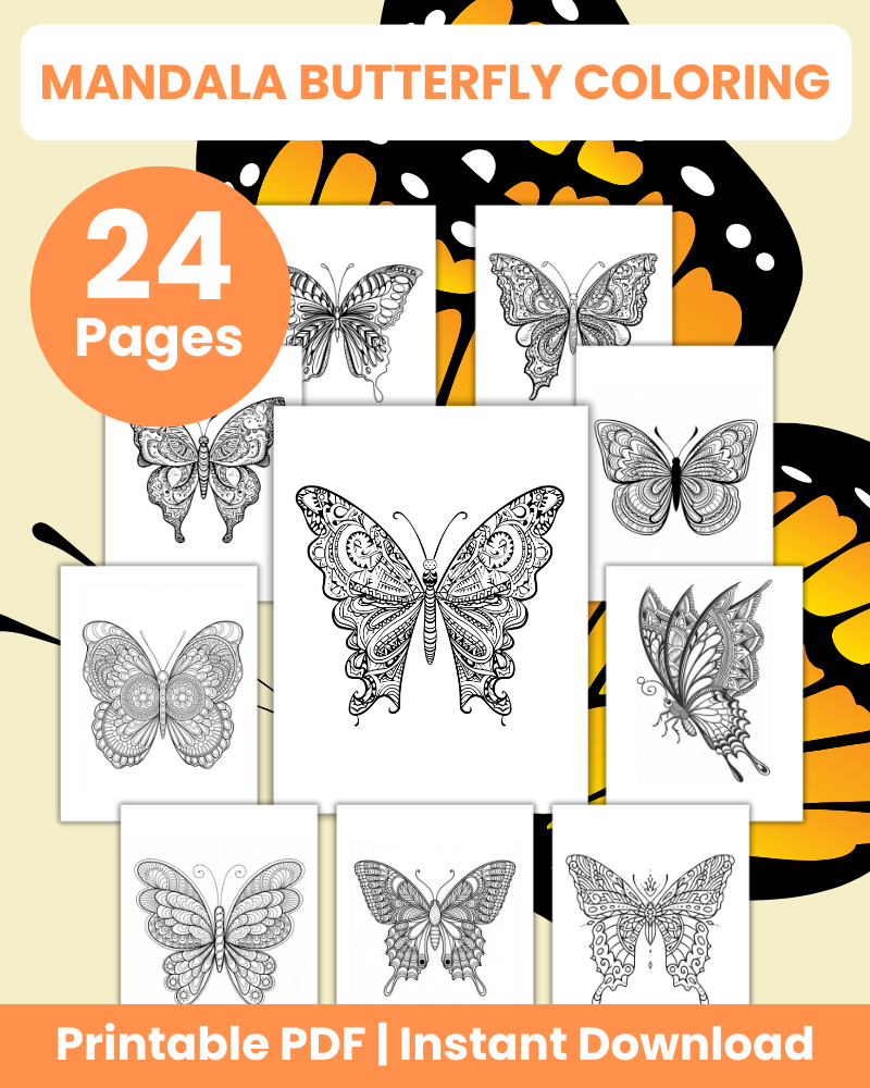 Mandala Butterfly Coloring Pages with 24 Pages – 24hourprintables.com