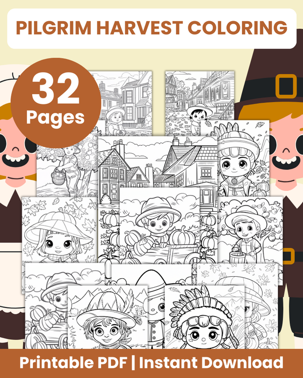 Pilgrim Harvest Coloring Pages with 32 Pages – 24hourprintables.com