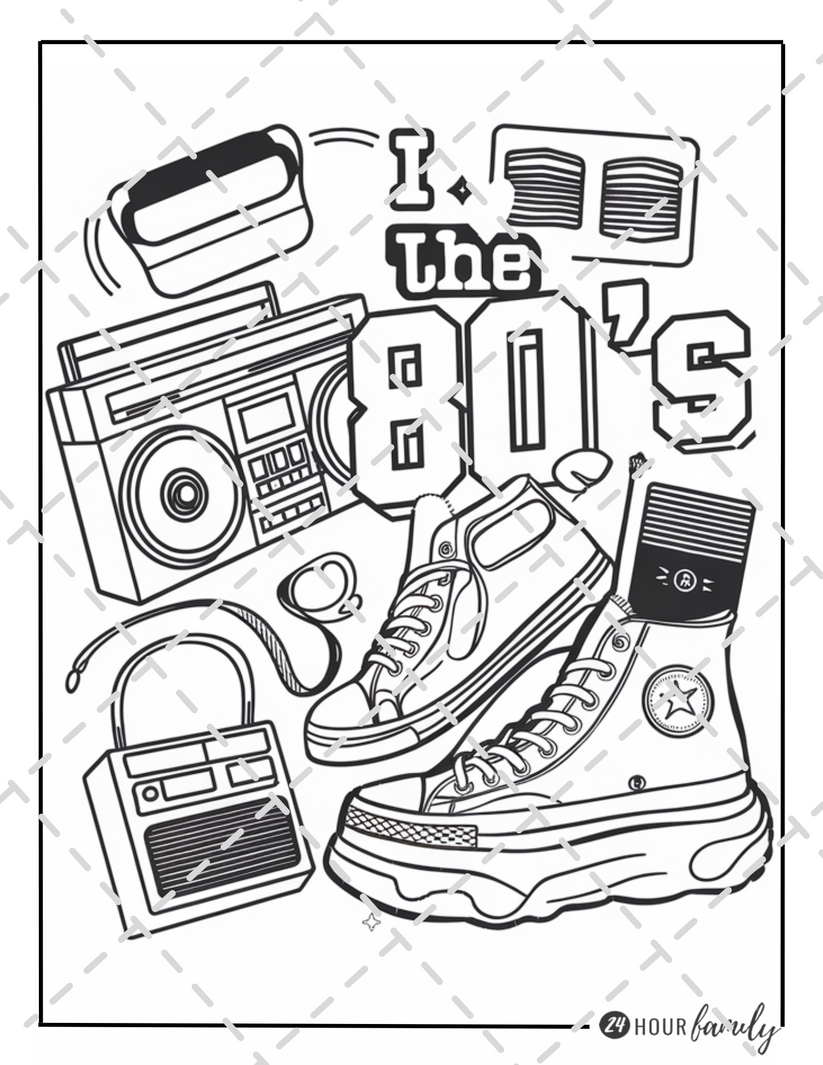 1980's Themed Coloring Pages with 14 Pages – 24hourprintables.com