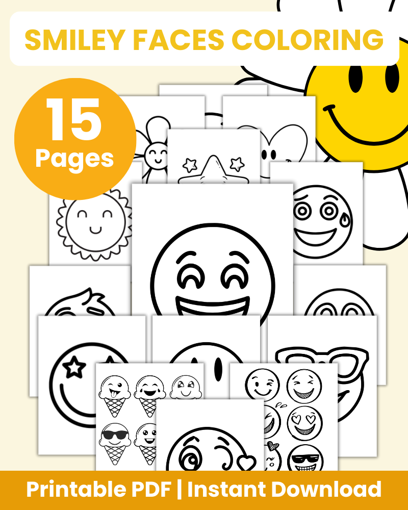 Smiley Faces Coloring Pages – 15-Pages – 24hourprintables.com