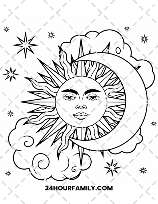 Sun and Moon Coloring Pages - 30 Pages – 24hourprintables.com