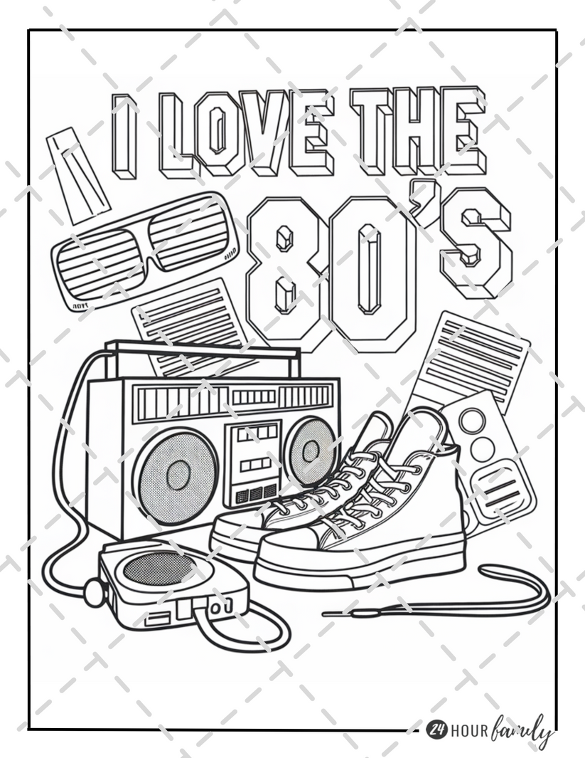 1980's Themed Coloring Pages with 14 Pages – 24hourprintables.com