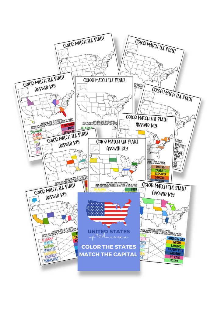 Color the States and Match the Capital (14 Pages) – 24hourprintables.com