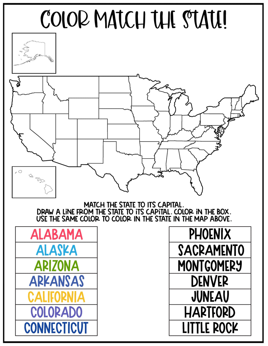 Color the States and Match the Capital (14 Pages) – 24hourprintables.com