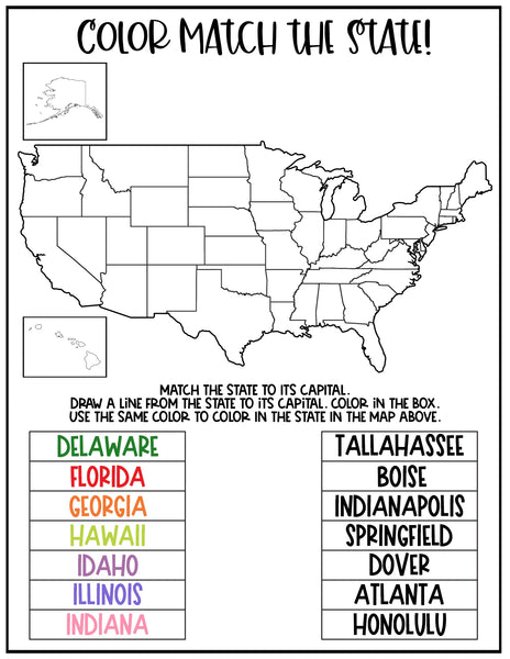 Color the States and Match the Capital (14 Pages) – 24hourprintables.com
