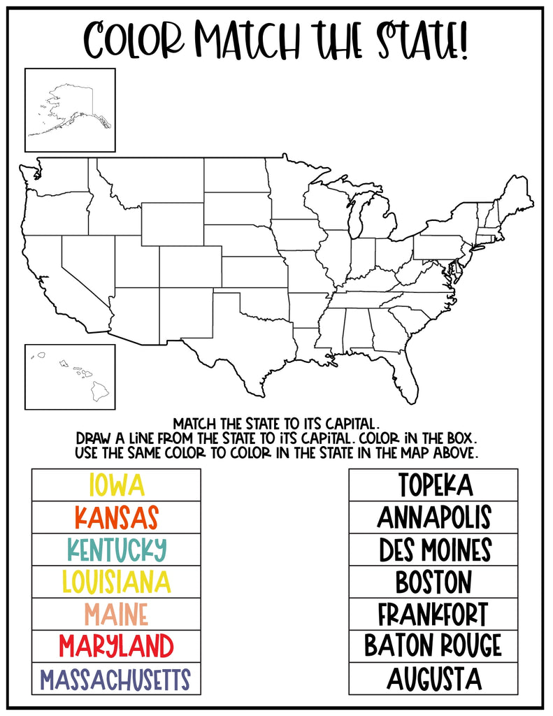 Color the States and Match the Capital (14 Pages) – 24hourprintables.com
