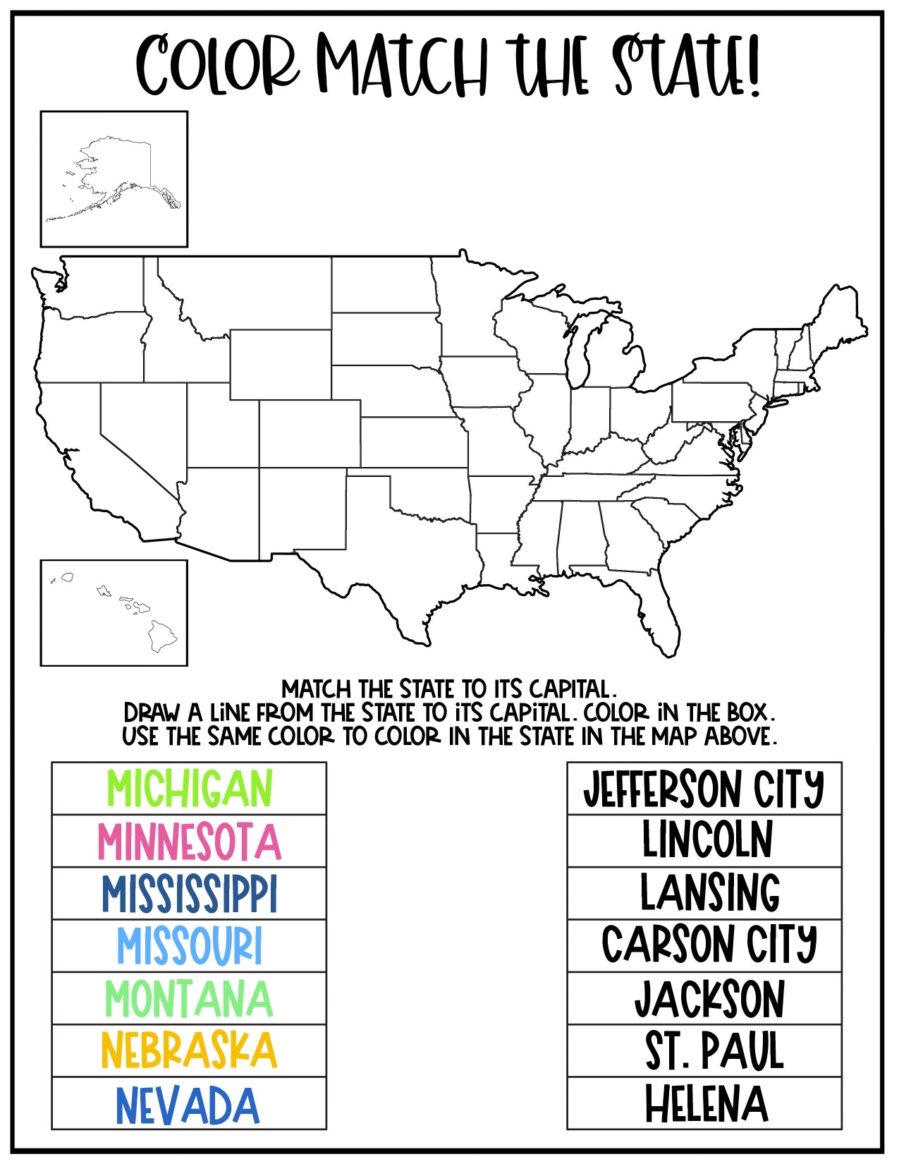 Color the States and Match the Capital (14 Pages) – 24hourprintables.com