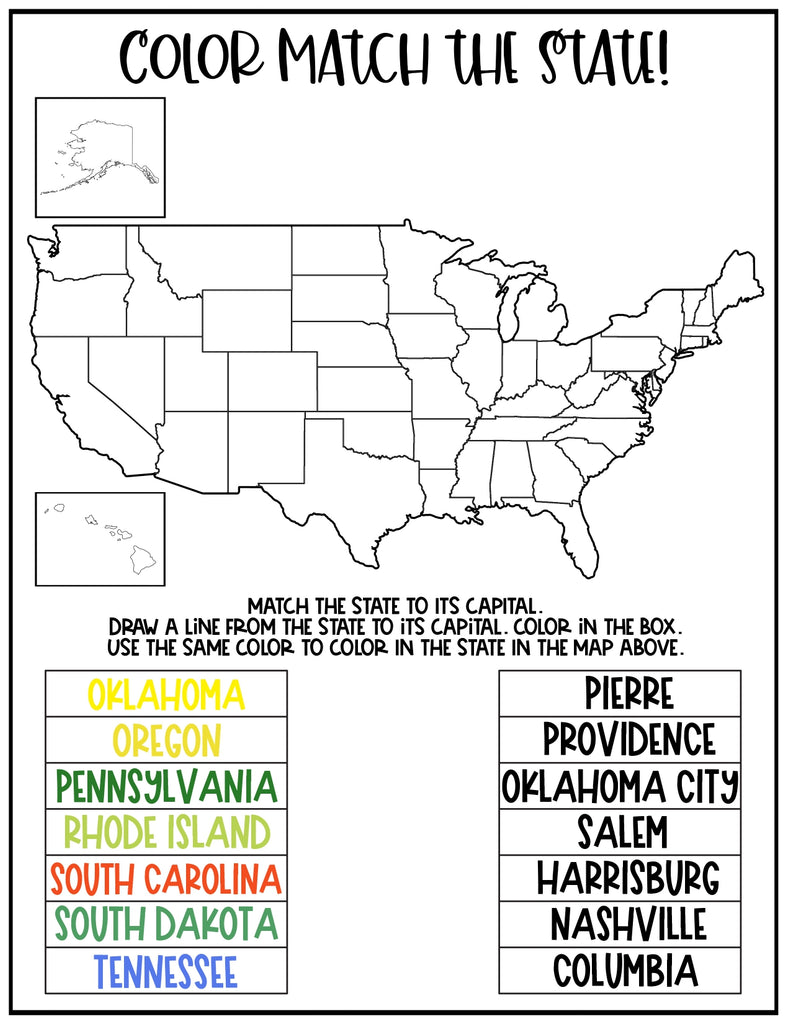 Color the States and Match the Capital (14 Pages) – 24hourprintables.com