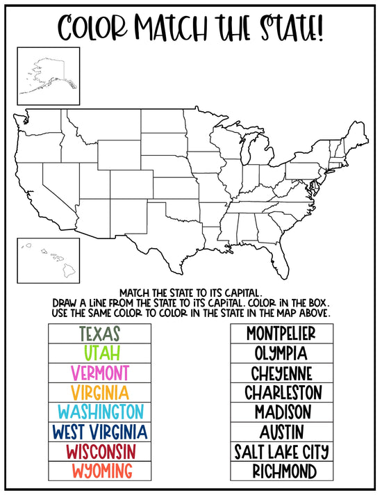 Color the States and Match the Capital (14 Pages) – 24hourprintables.com