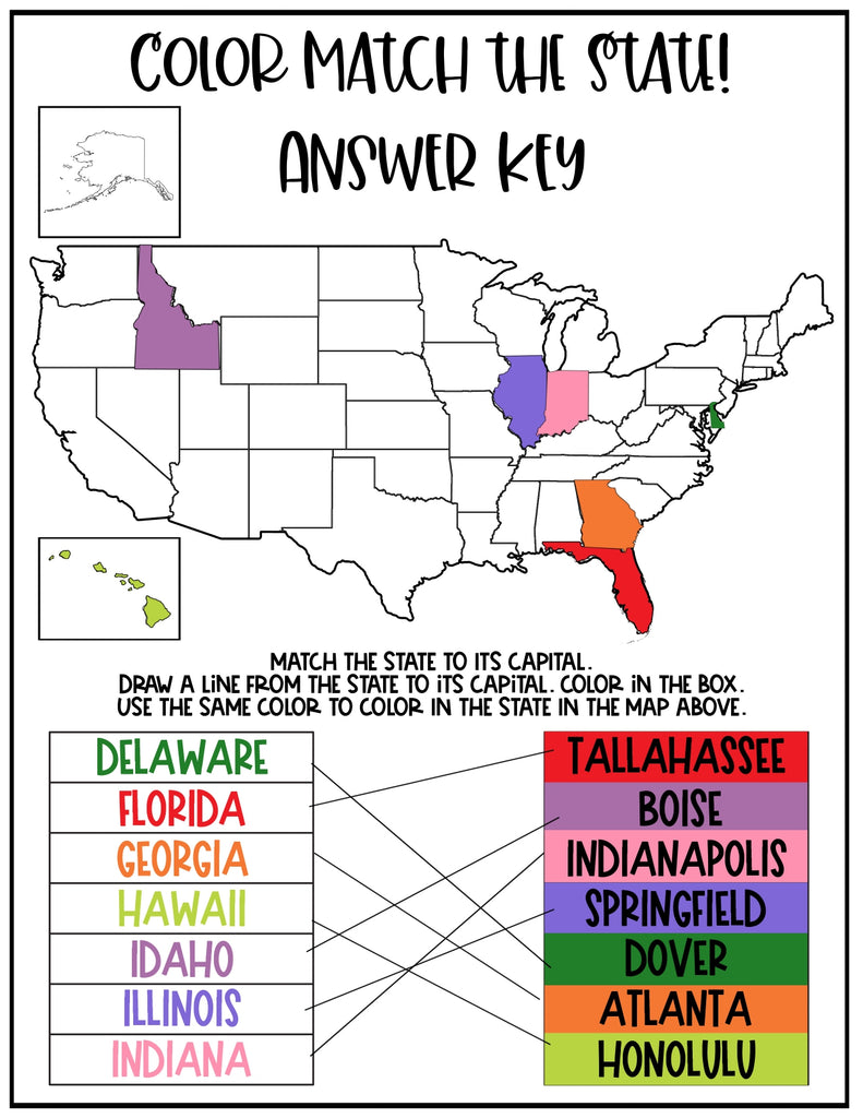 Color the States and Match the Capital (14 Pages) – 24hourprintables.com