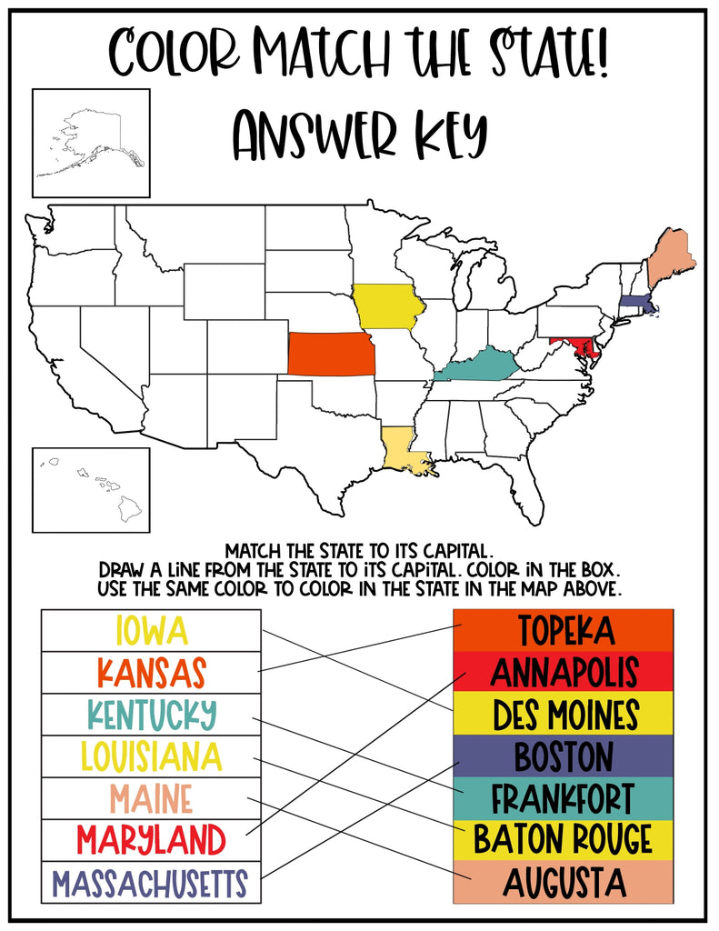 Color the States and Match the Capital (14 Pages) – 24hourprintables.com