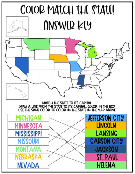 Color the States and Match the Capital (14 Pages) – 24hourprintables.com